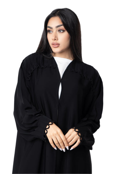 Hanayen Black Abaya with Loop Embroidery and Pleated Sleeves