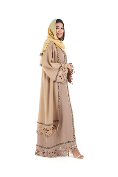 Hanayen Beige Abaya In Laser Cut Design