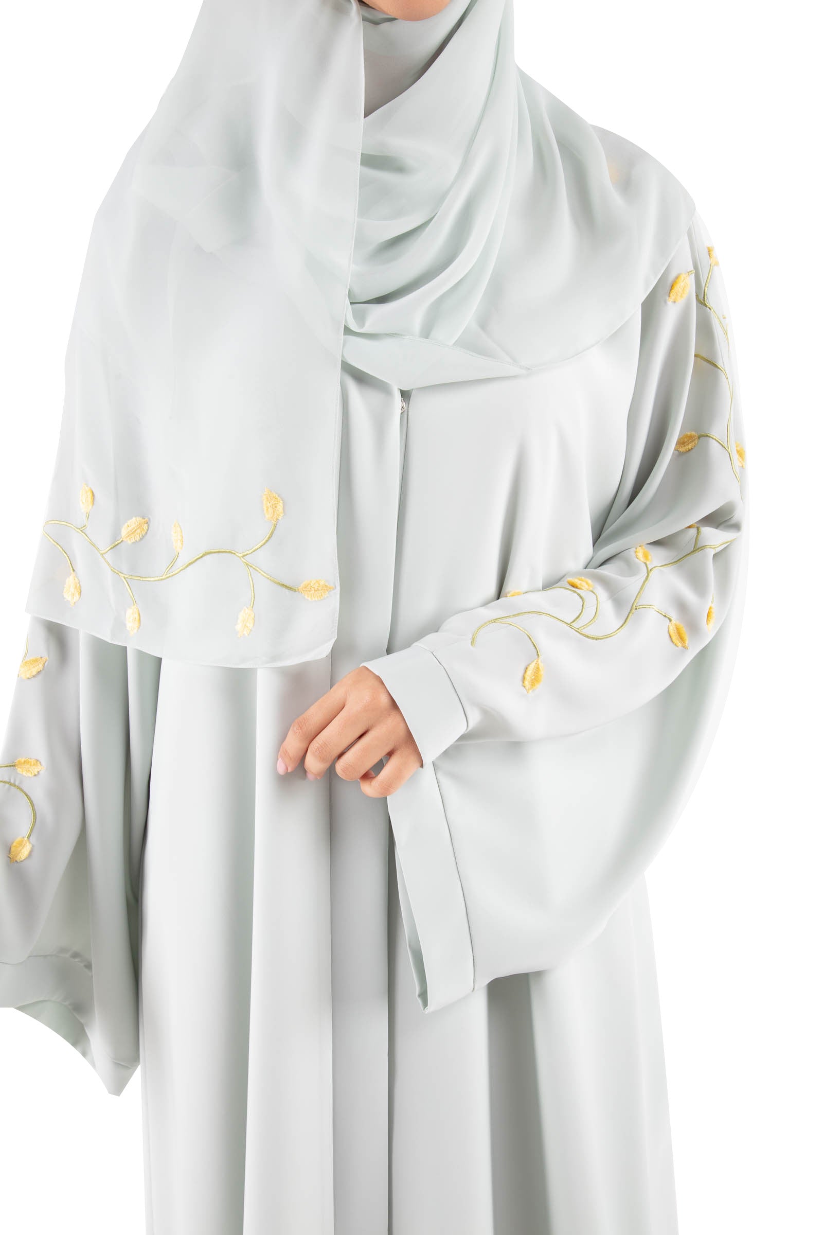 Hanayen Color Abaya with Sleeves, Bottom Embroidery Design