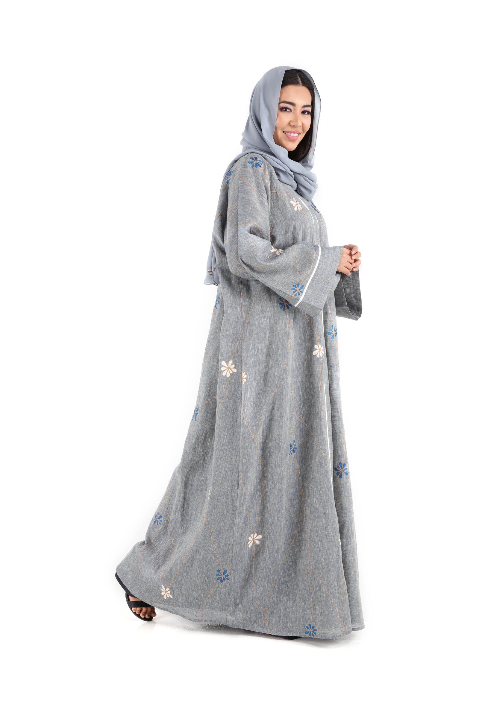 Hanayen Color Linen Abaya with Ary Embroidery Design