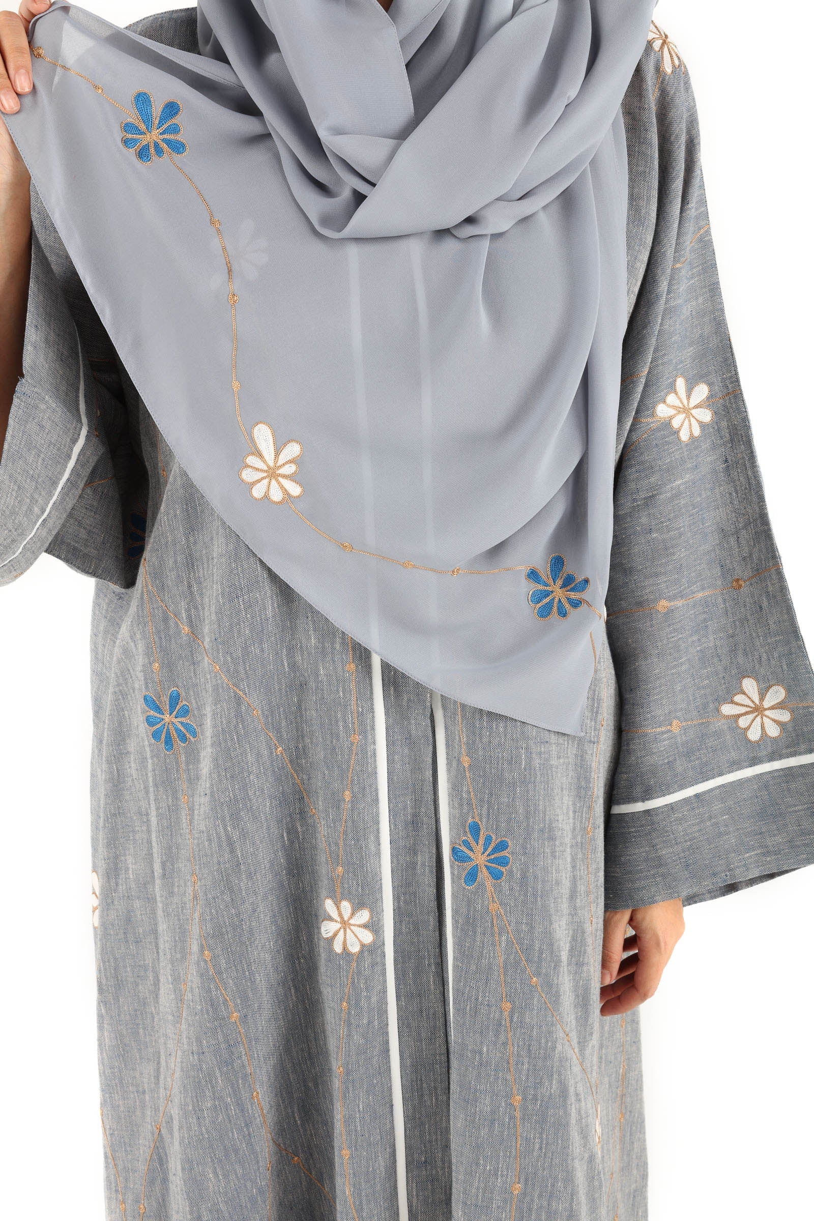 Hanayen Color Linen Abaya with Ary Embroidery Design