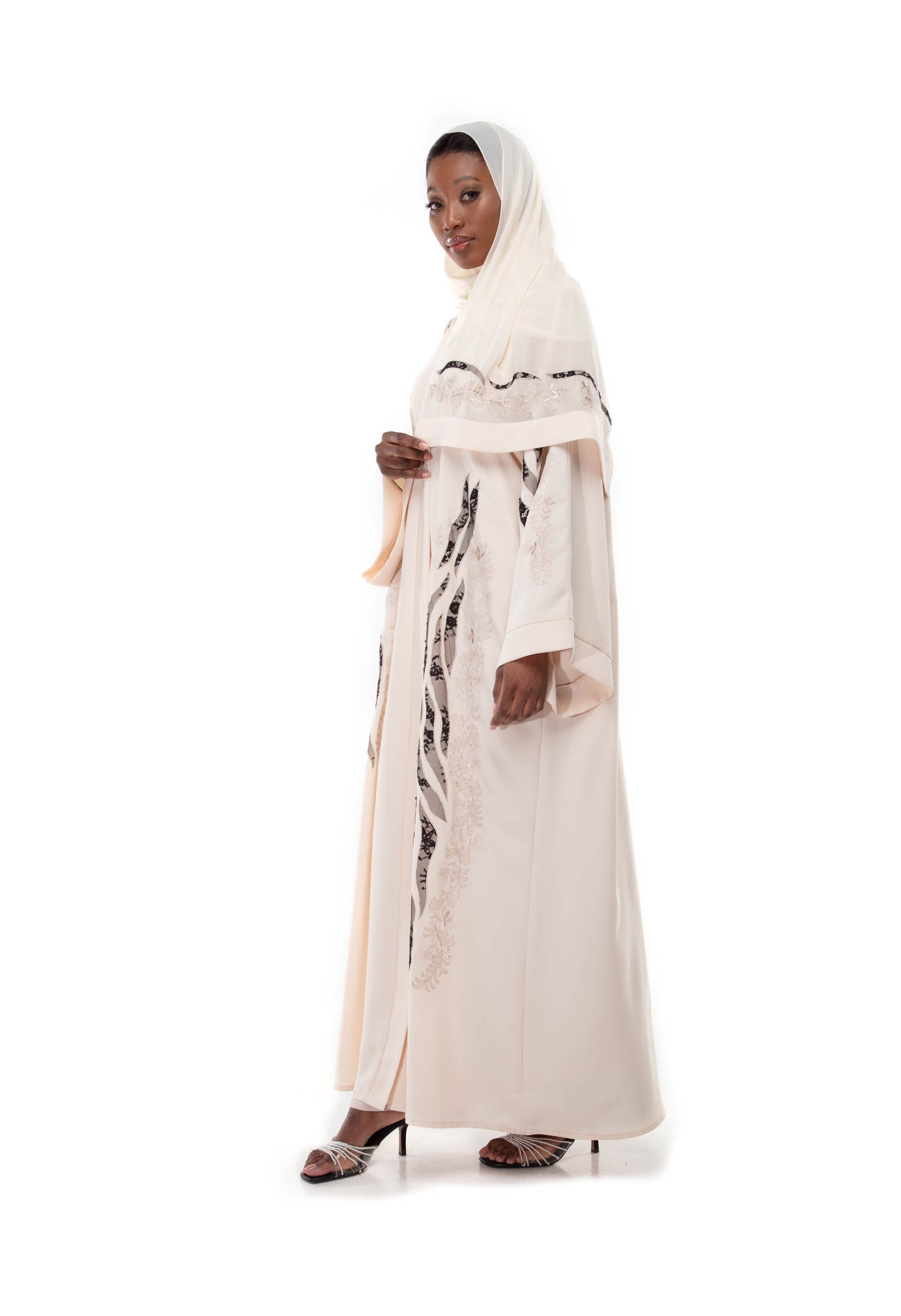 Hanayen Cream Color Abaya with Machine Embroidery