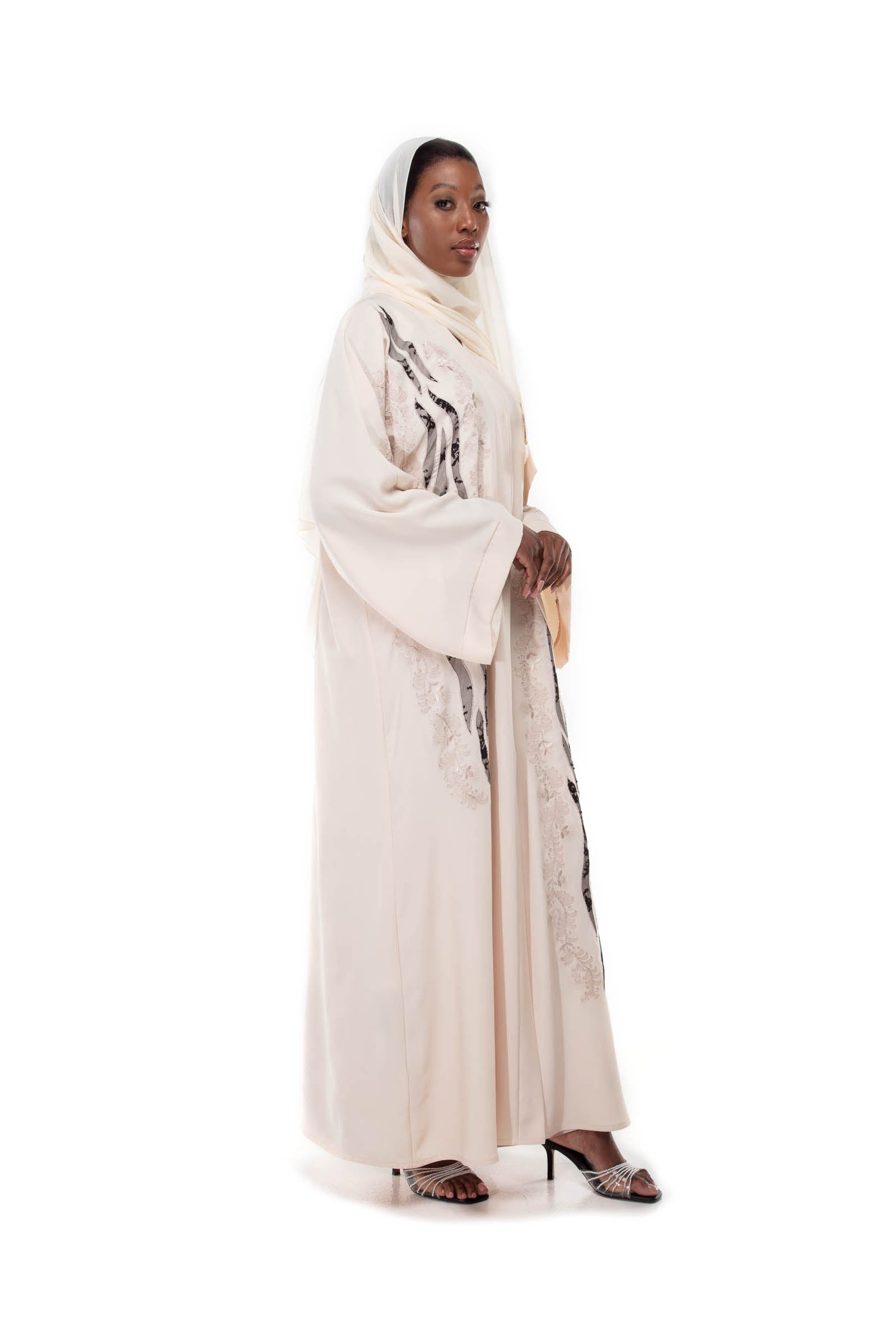 Hanayen Cream Color Abaya with Machine Embroidery