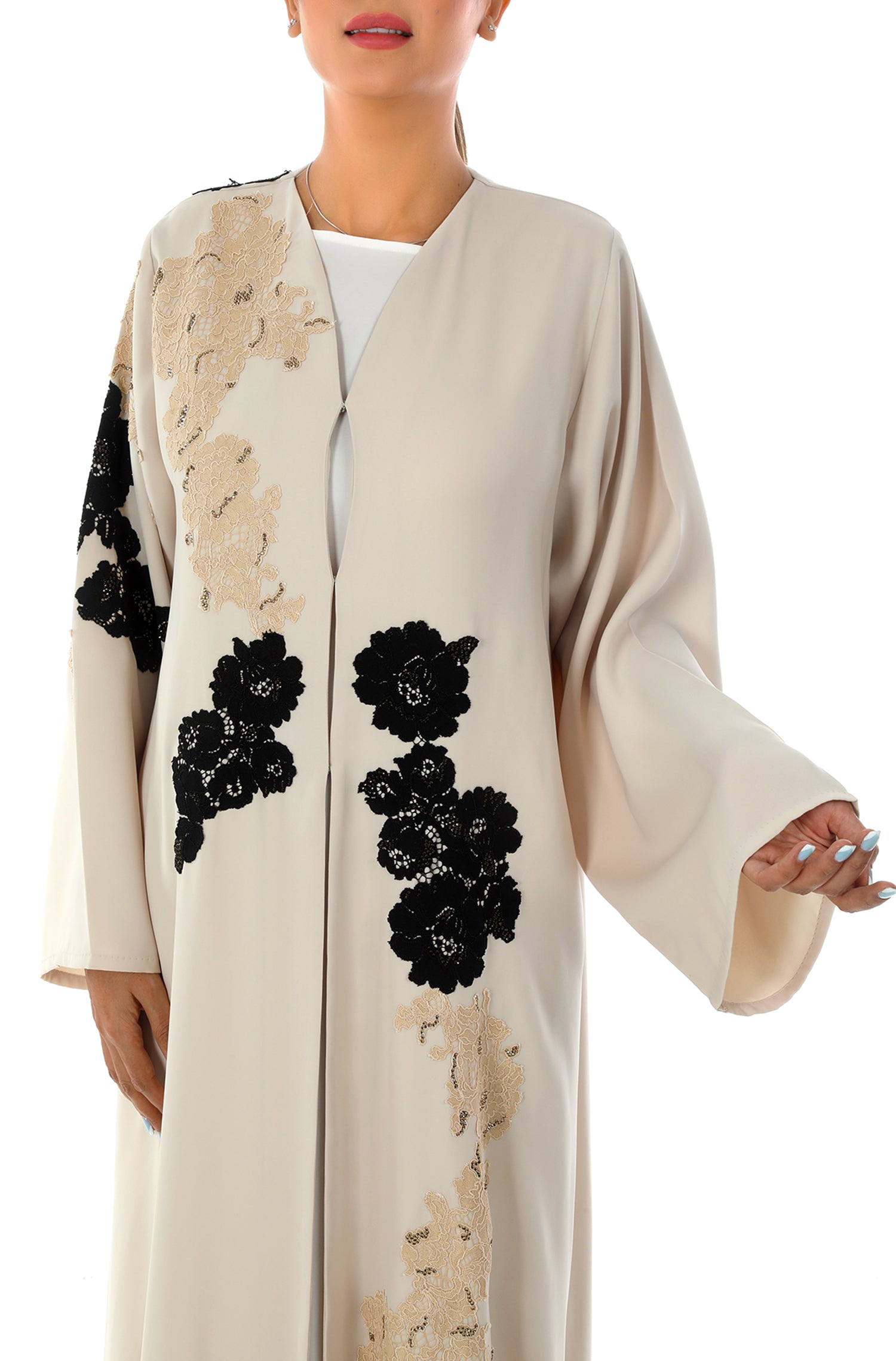 Hanayen Dual Color Lace Abaya Detailed With Crystals