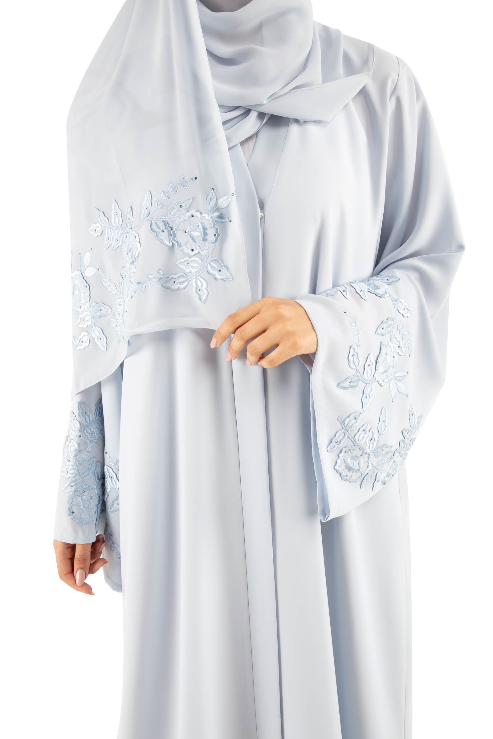 Hanayen Color Abaya with Sleeves, Bottom Embroidery Design